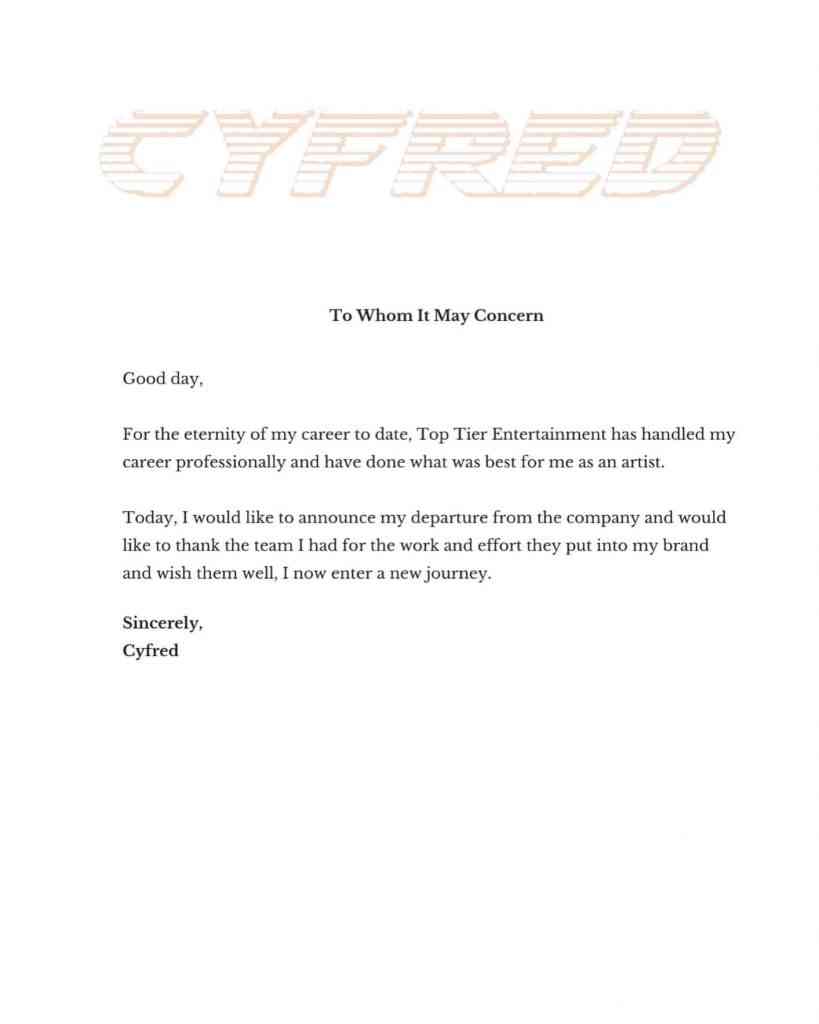Cyfred Leaves Top Tier Entertainment - ZAtunes