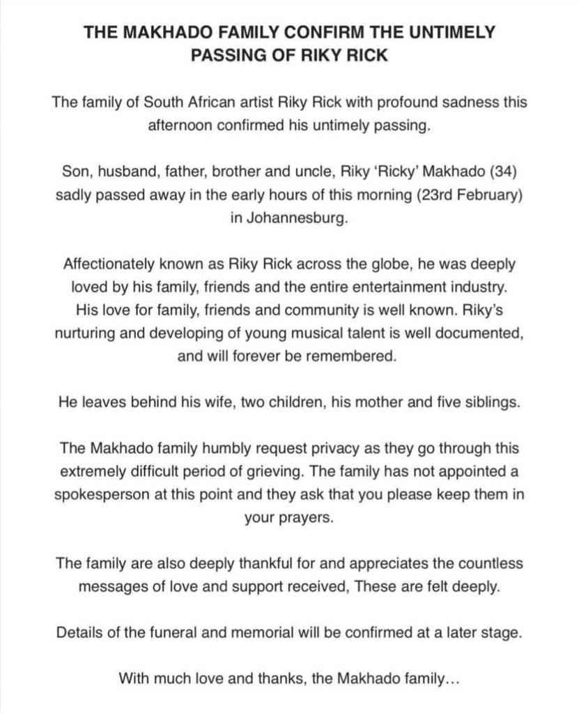 Riky Rick's Family Confirms De Passes - ZAtunes